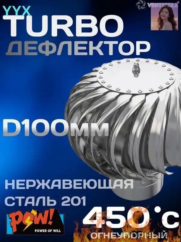 Турбодефлектор ТДО-10, D100mm, нержавеющая сталь 210, огнеупорный