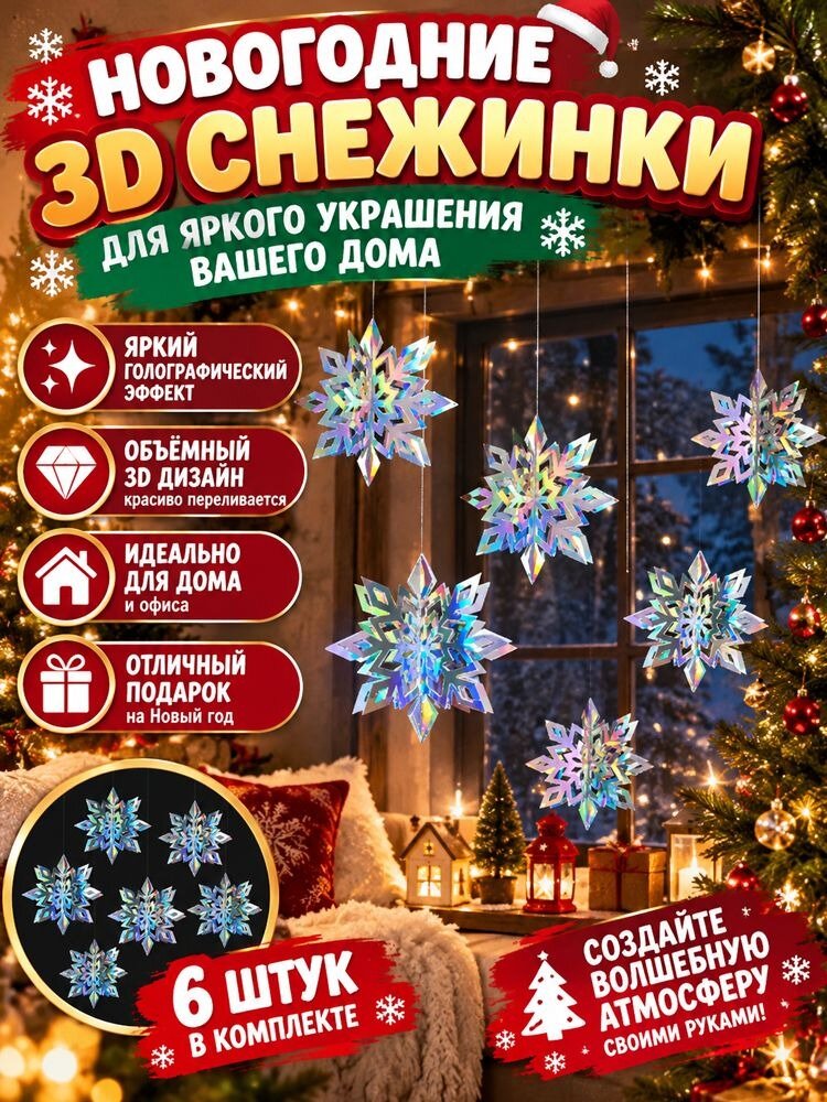 Набор 3D-снежинок из шести объёмных подвесных снежинок для новогоднего декора