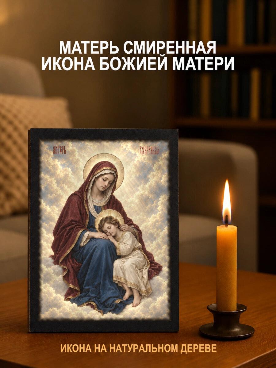 Икона «Матерь Смиренная икона Божией Матери» на натуральном дереве, 15×18 см, храмовая живопись, потёртое золото