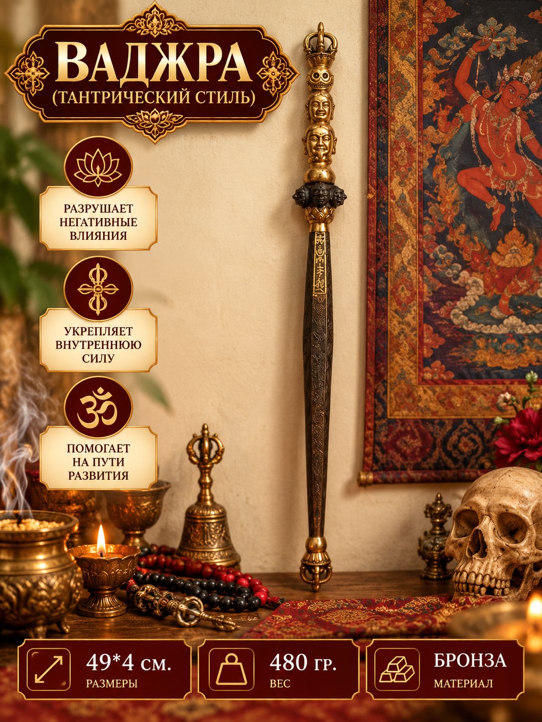 Ваджра, непальский, тантрический стиль, бронза, (49*3 см.)