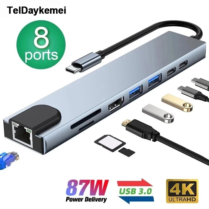 TelDaykemei USB C концентратор 8 в 1 серый