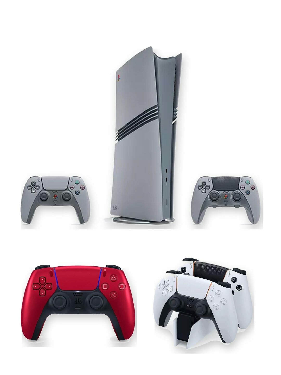 Игровая приставка Sony PlayStation 5 Pro 30th Anniversary Limited Edition 2 ТБ без дисковода, серая в стиле PS1, европейская версия + 2-й геймпад DualSense Volcanic Red + зарядная станция