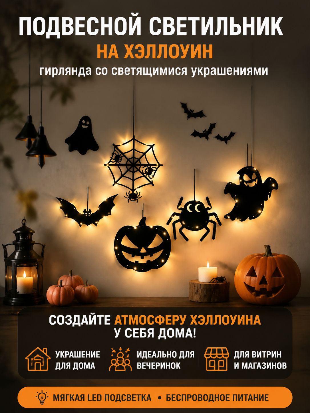 Гирлянда на Хэллоуин светящаяся с тыквами призраками пауками LED для дома и сада