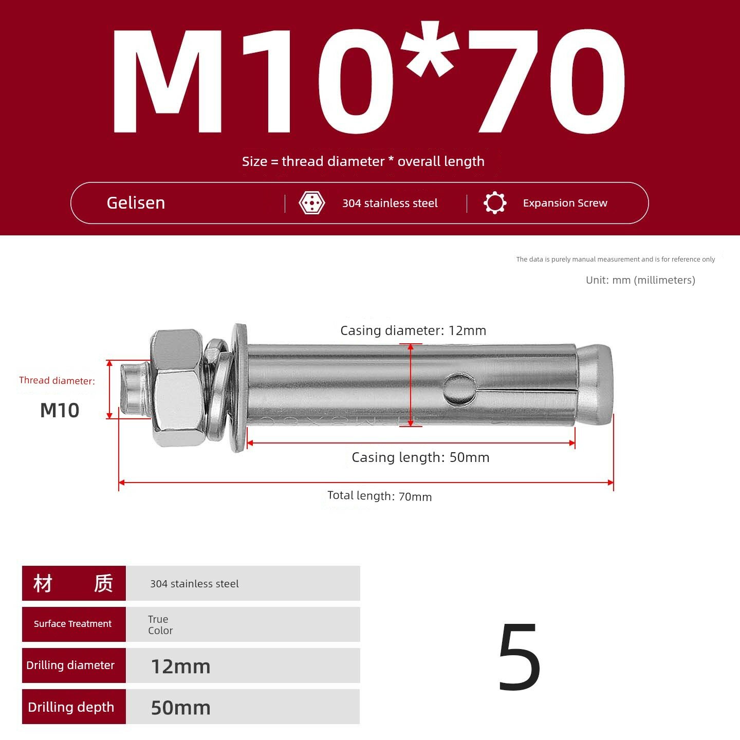 Оцинкованный распорный болт M10x70мм, стандартное качество, упаковка 5 шт. для бетонной анкеровки