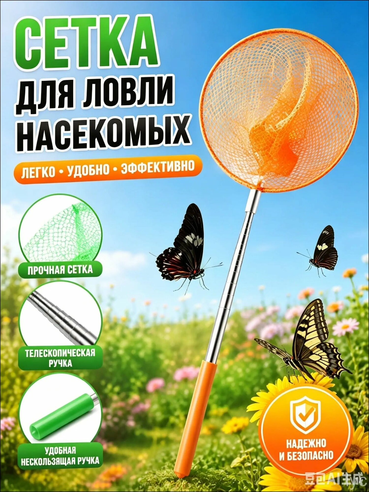 Премимальный телескопический сачок, предназначенный для отлова насекомых и бабочек