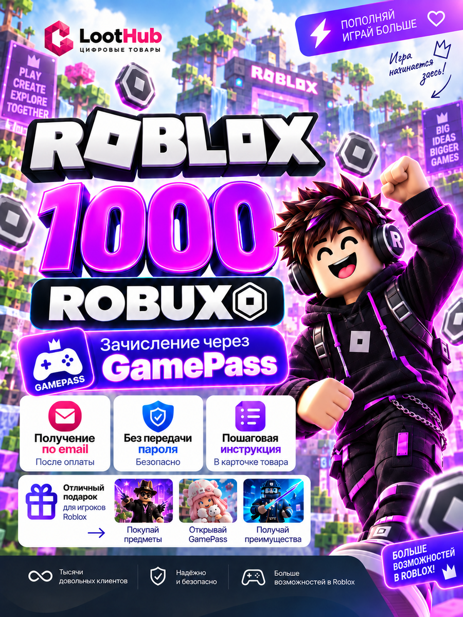 1000 ROBUX через "GAMEPASS" ROBLOX , пополнение баланса на 1000 Robux
