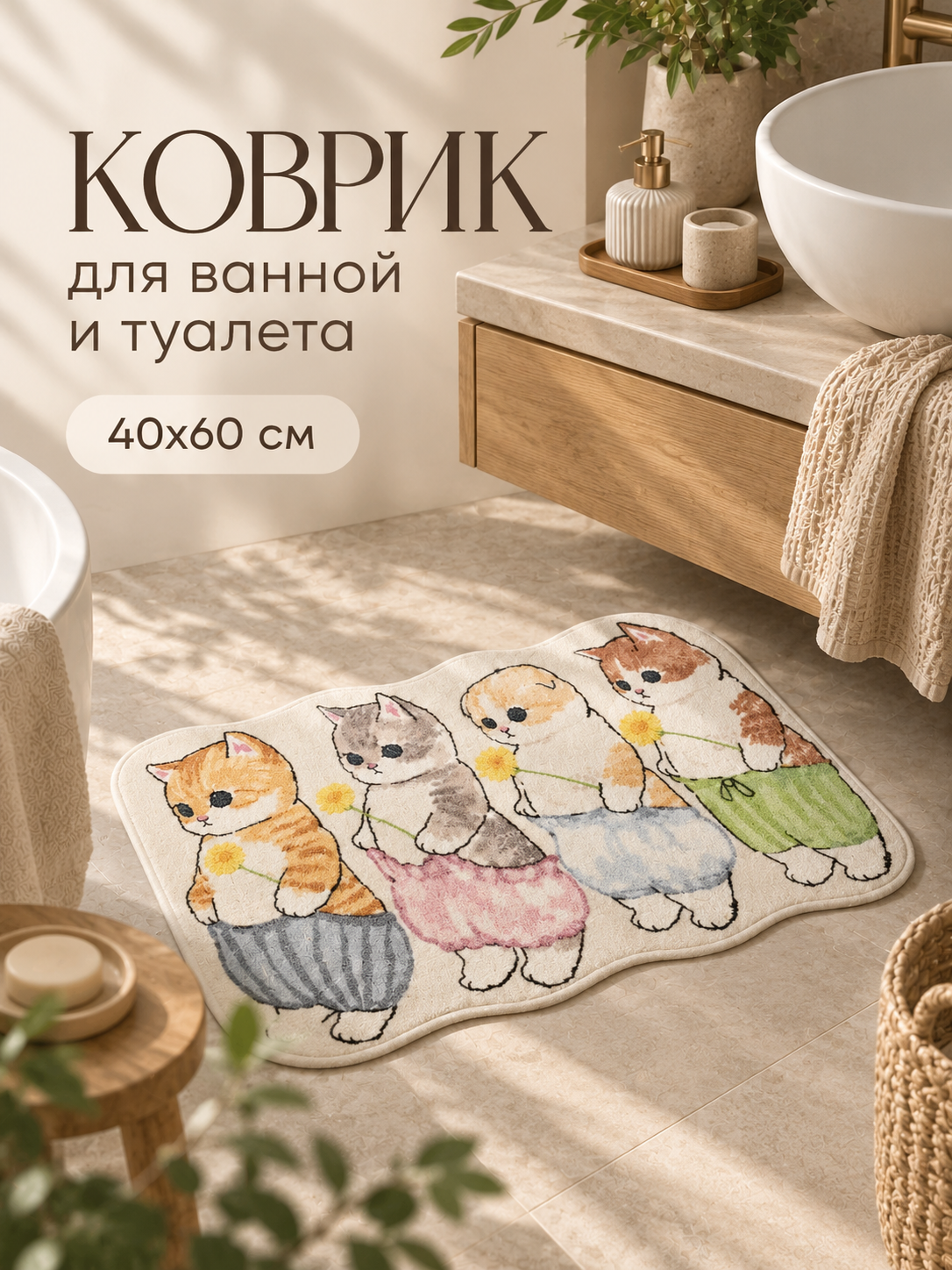 Коврик Доляна "Котята", для дома, ванной и туалета, текстиль, 38.5 см x 58 см