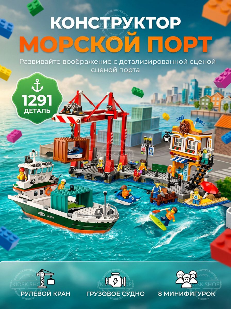 Конструктор Город Морской порт с грузовым судном, 1291 деталь, подарок для мальчиков от 8 лет