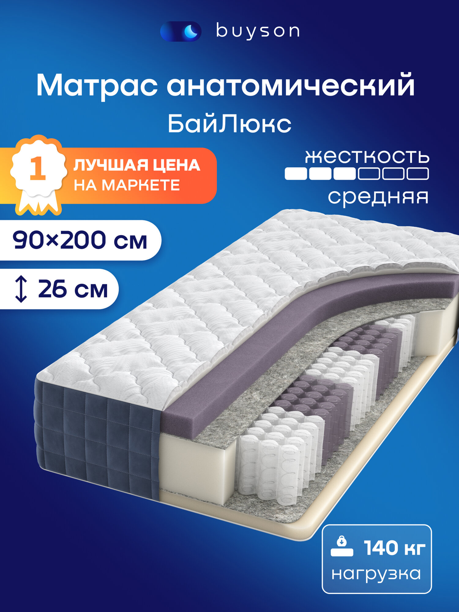 Анатомический матрас buyson БайЛюкс, 90х200 см, независимые пружины