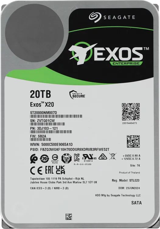 Seagate 20 ТБ Внутренний жесткий диск Жесткий диск Seagate HDD Server Exos X20 HDD 512E/4KN (3.5/20Tb/SATA 6Gb/s/7200rpm), 3.5", 7200 об/мин, SATA III 6 Гбит/с (ST20000NM007D)