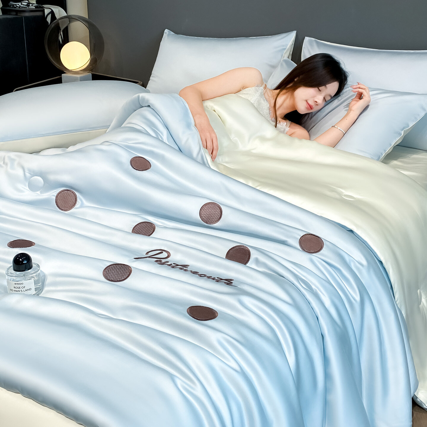 Летнее одеяло из ледяного шелка, прохладное, можно стирать, Polka Dot, Clear Blue, 150x200cm, 1 шт.