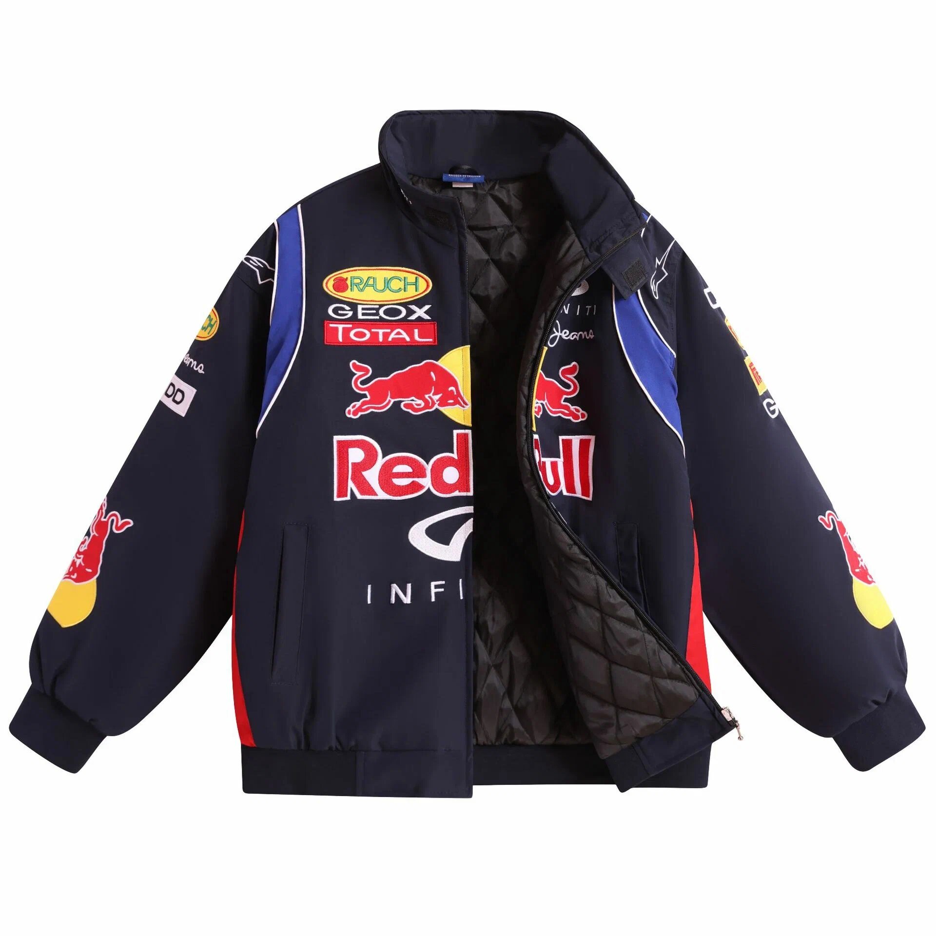 Мужская куртка Jack Daniel’s Red Bull F1, красного цвета, с вышивкой, декоративными манжетами и хлопковой подкладкой.