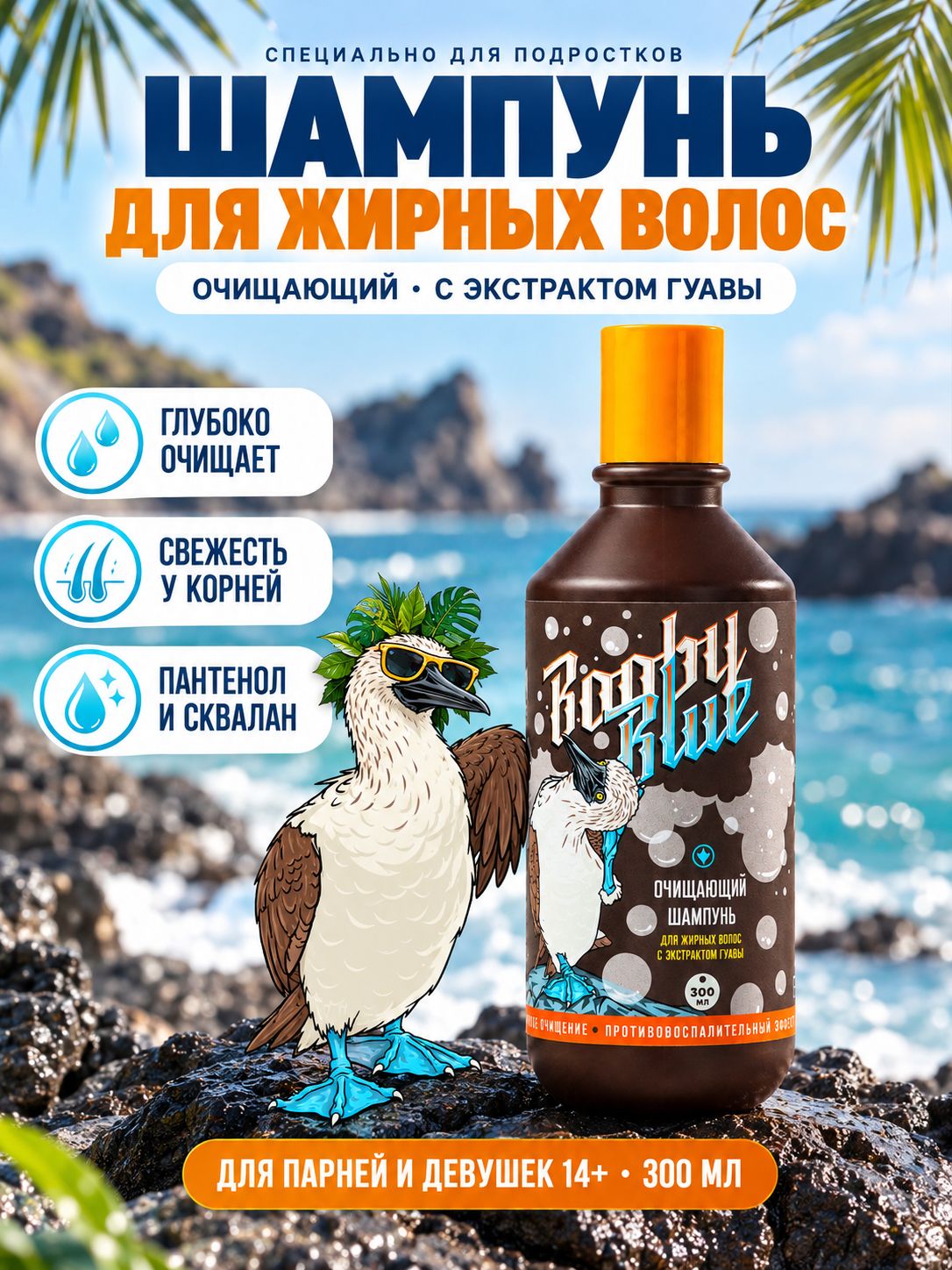 Шампунь для жирных волос женский и мужской Booby Blue глубокой очистки, для подростков, с гуавой и пантенолом, 300 мл
