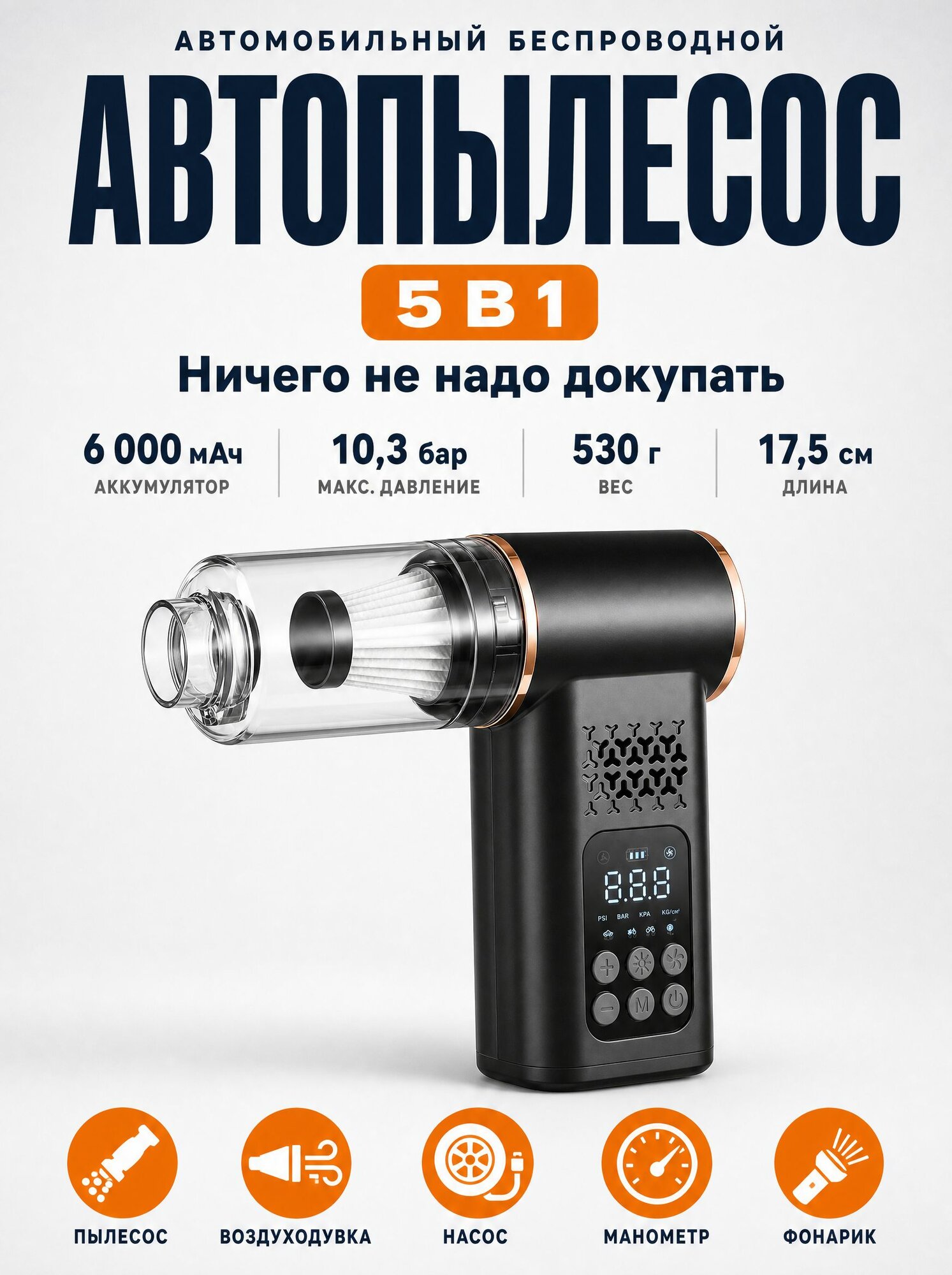Пылесос для автомобиля беспроводной 5 в 1 / Ручной портативный мини пылесос для салона машины и дома