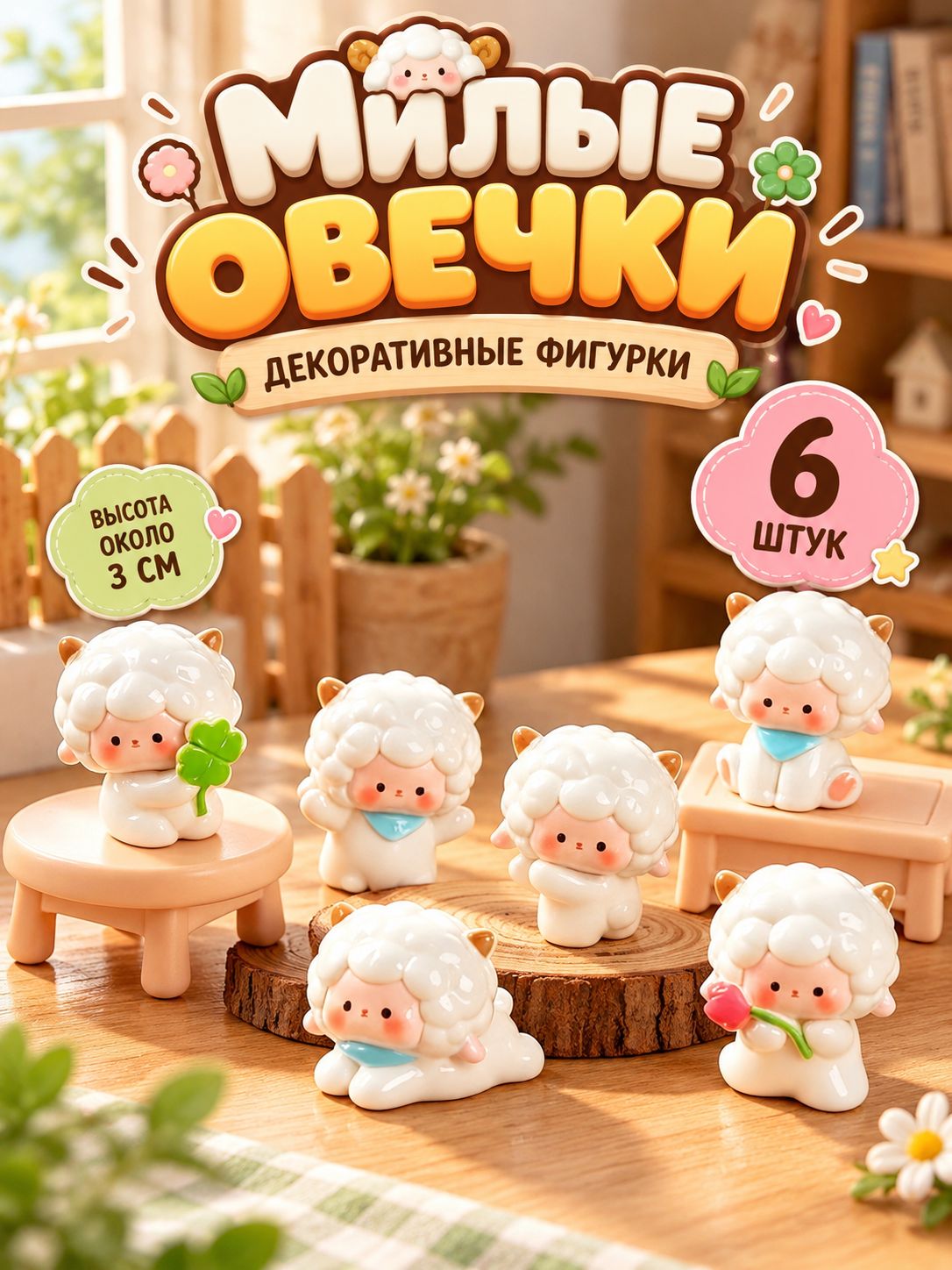 Набор мини-фигурок овечек Год Овцы 2027, 6 шт, декоративные фигурки около 3 см