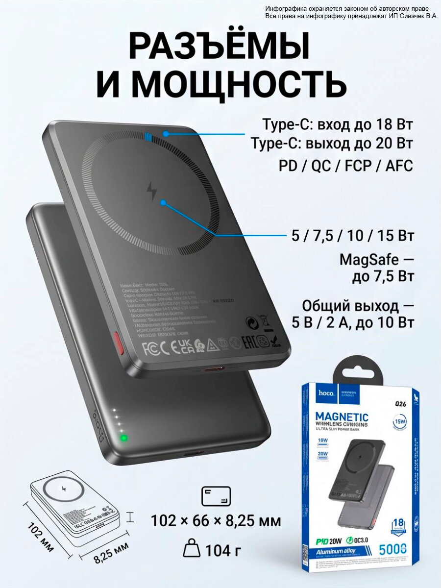 Внешний легкий аккумулятор MagSafe hoco 5000 Q26 Magsafe черный