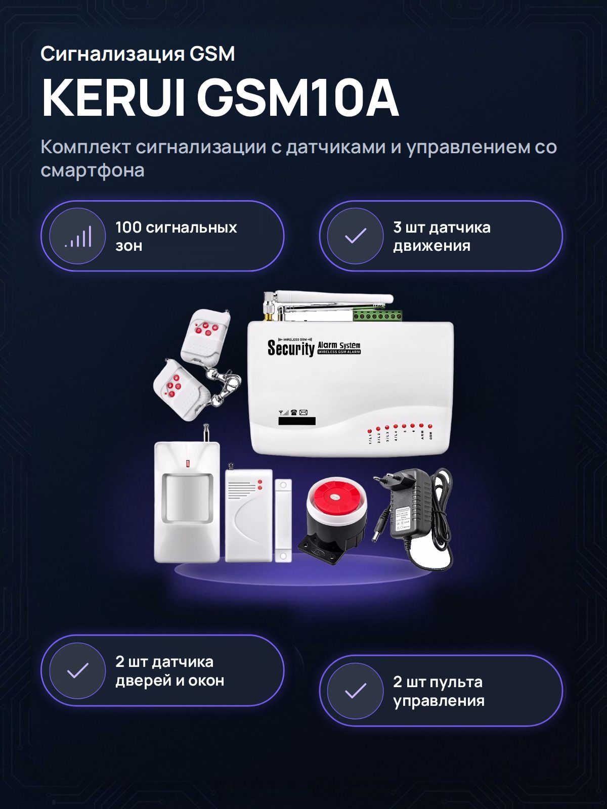 Сигнализация охранная беспроводная KERUI GSM10A, GSM 4-диапазона, комплект: 3 датчика движения, 2 датчика открытия, 2 пульта