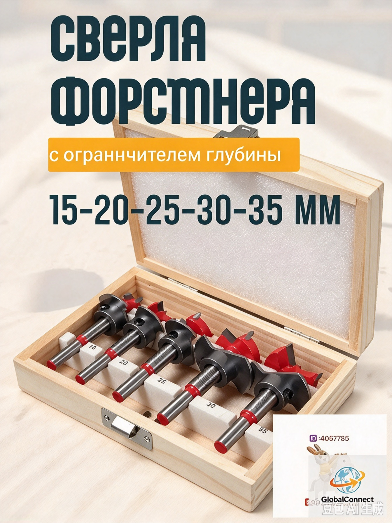 Набор сверл Форстнера по дереву, 15-20-25-30-35 мм, 5 шт с ограничителем в шкатулке