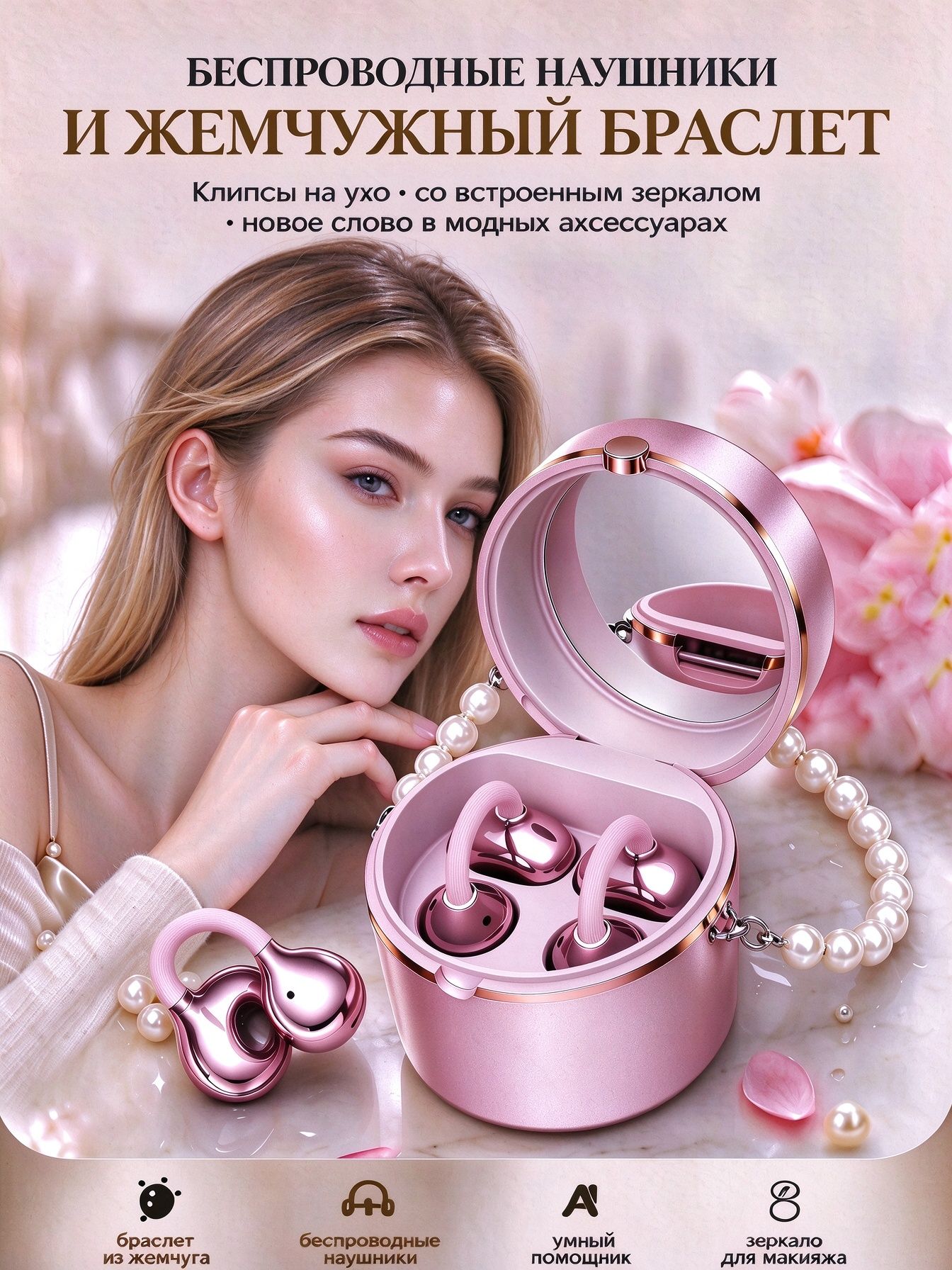 Наушники клипсы беспроводные, Наушники беспроводные для телефона с микрофоном, с жемчужным браслетом, с зеркалом, Bluetooth 6.0, до 40 ч с кейсом, IPX