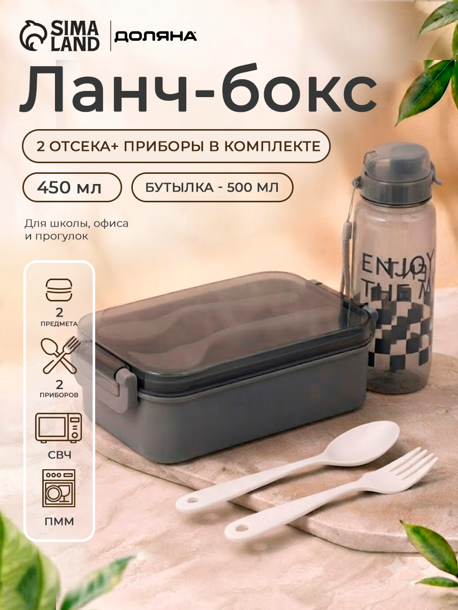 Набор посуды с собой Доляна, 4 предмета: бутылка 500 мл, ланч - бокс 450 мл, вилка, ложка, пластик, серый