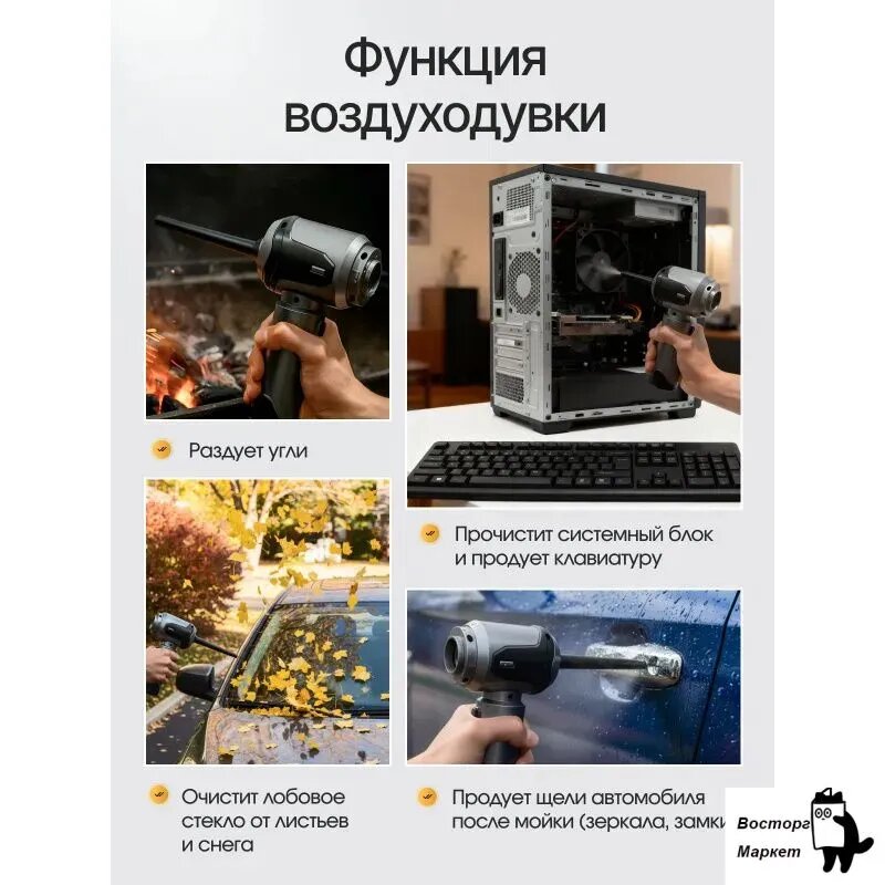 Воздуходувка аккумуляторная беспроводная пылесос 100000 об/мин 6000 mAh с 8 насадками, Серый металлик — фото 1