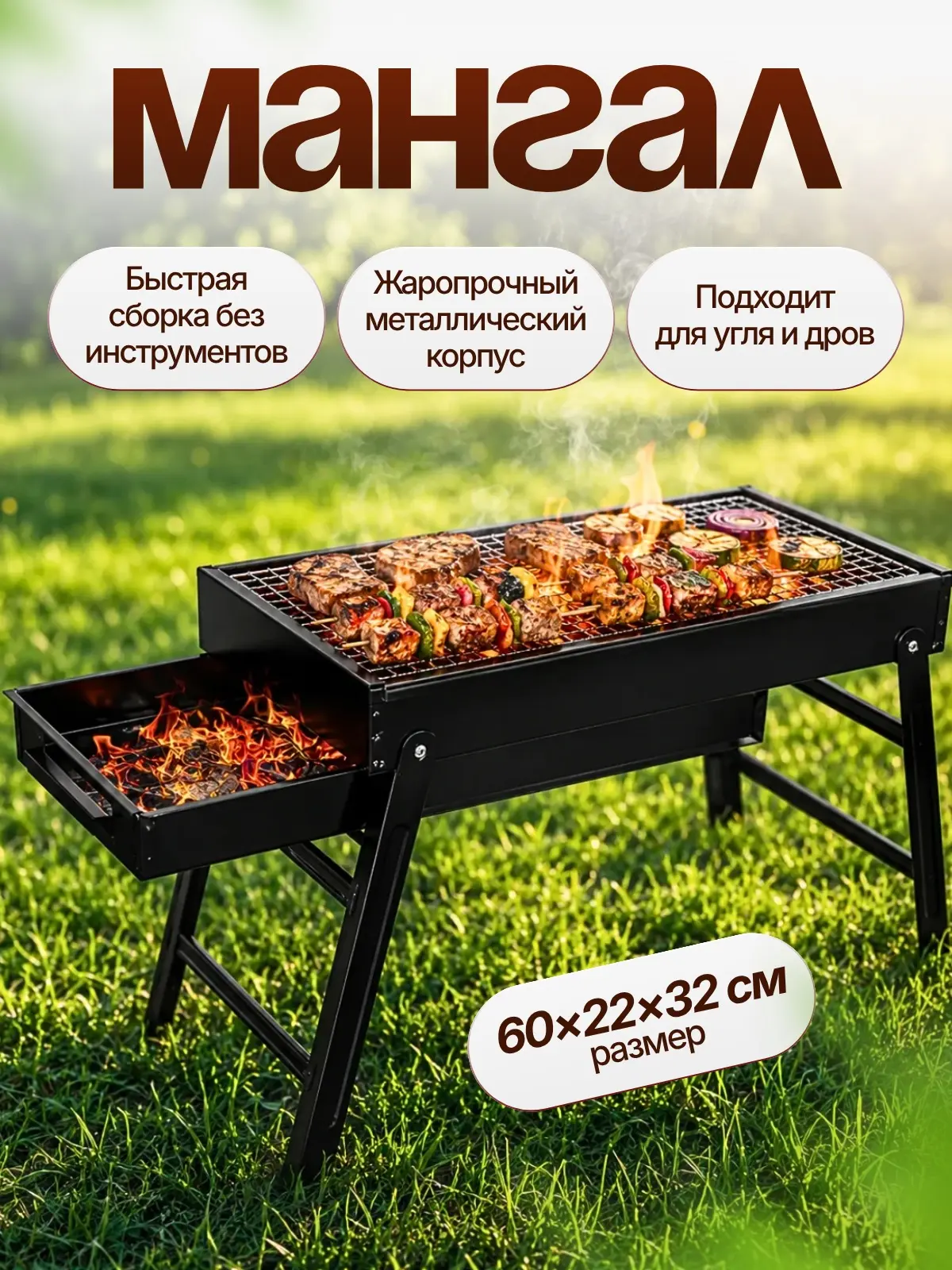 Мангал складной с решеткой для барбекю
