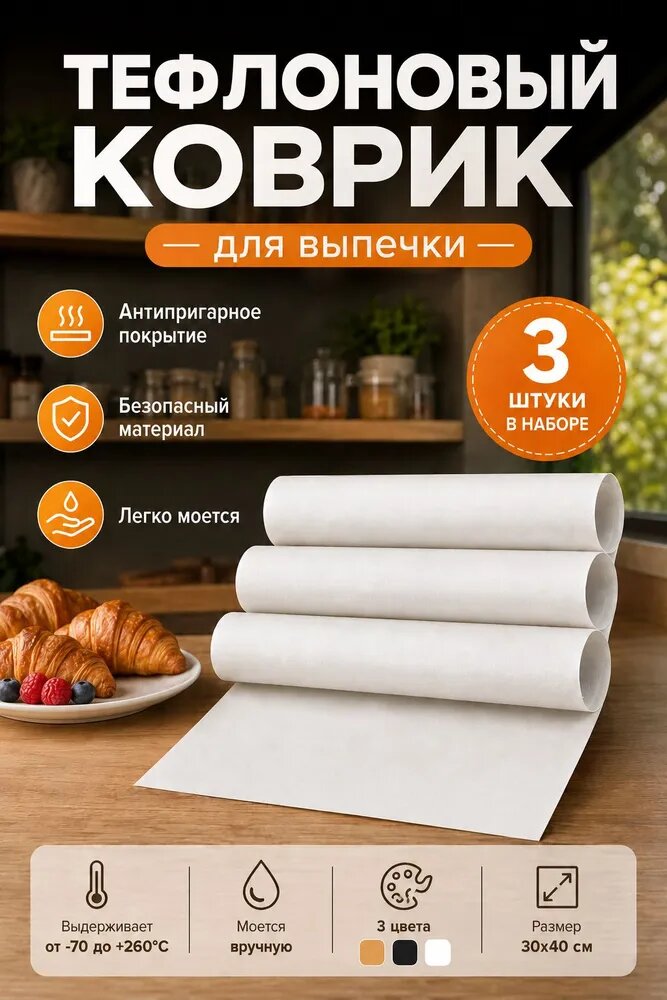 Тефлоновый многоразовый коврик 3 штуки 30х40см для выпечки и запекания в духовке антипригарный