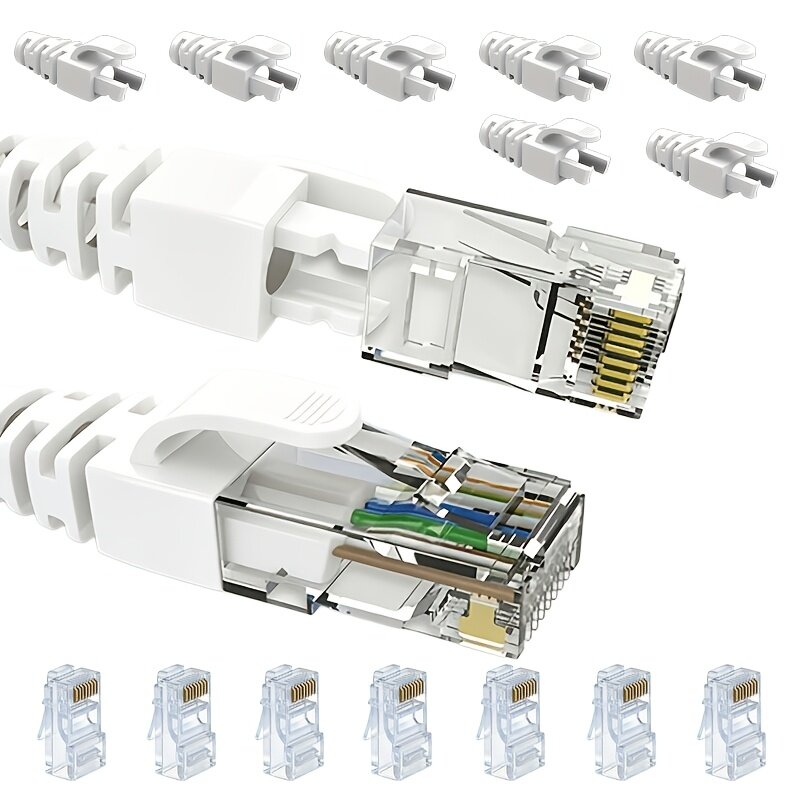 Набор коннекторов RJ45 для кабеля Cat5e/Cat6, прозрачные вилки с белыми защитными колпачками (типа «клешня»), 57 комплектов