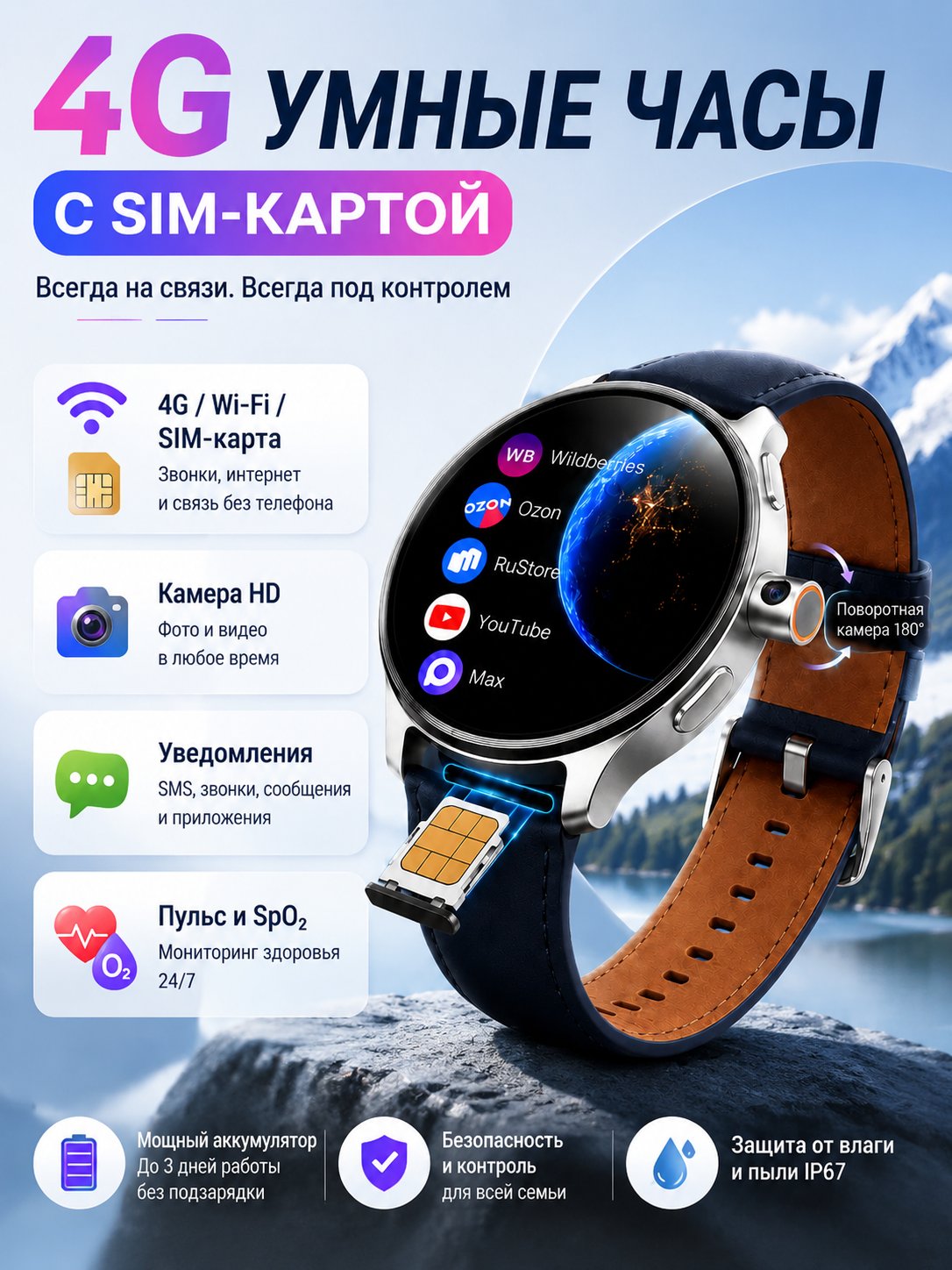 Умные смарт-часы 4G с SIM-картой, Android 8.1, 4/64 ГБ — Поворотная камера 180°, AMOLED экран 1.73", Wi-Fi и RuStore