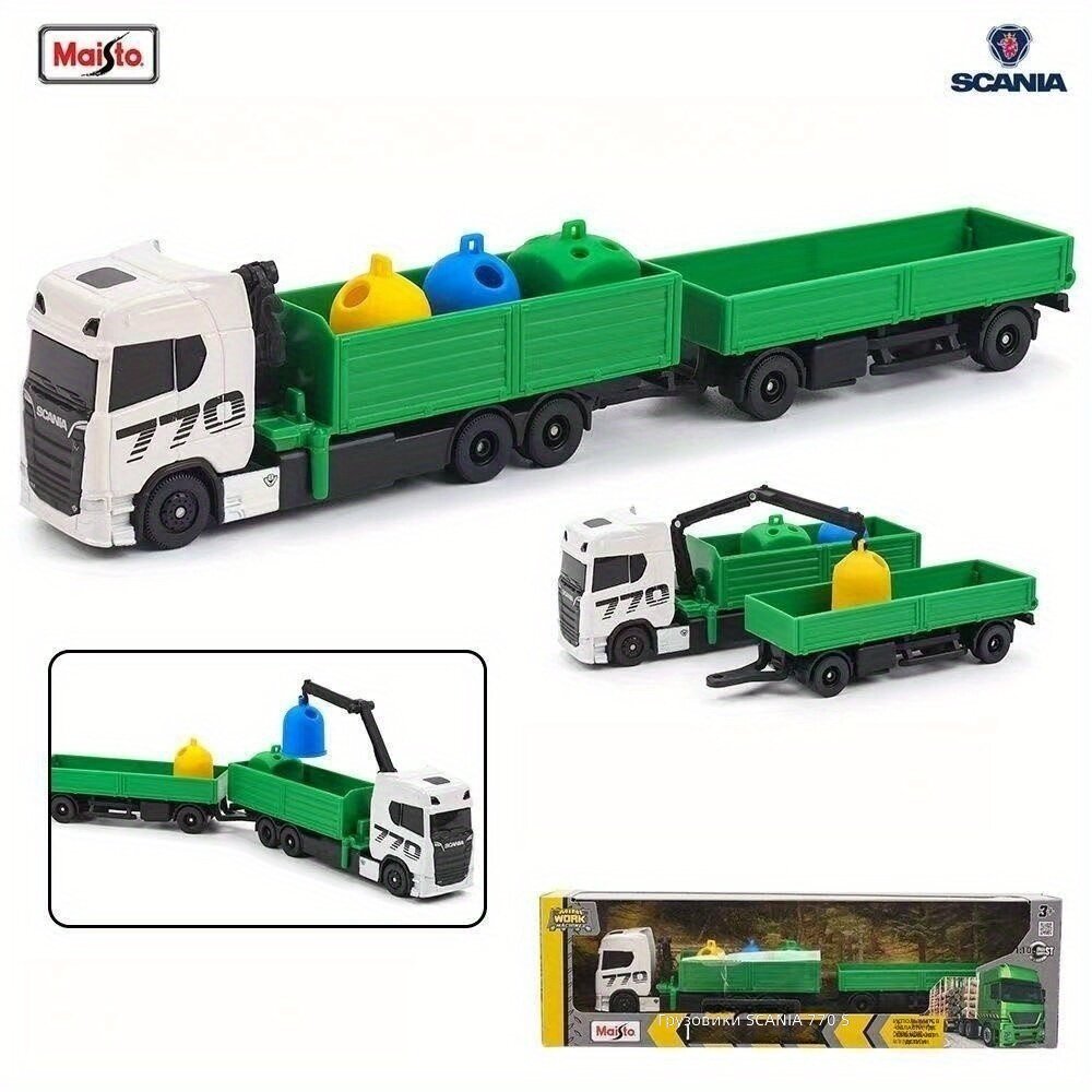 Детская металлическая модель грузовика в масштабе 1:64 с кабиной для сна и транспортным прицепом, седельный тягач
