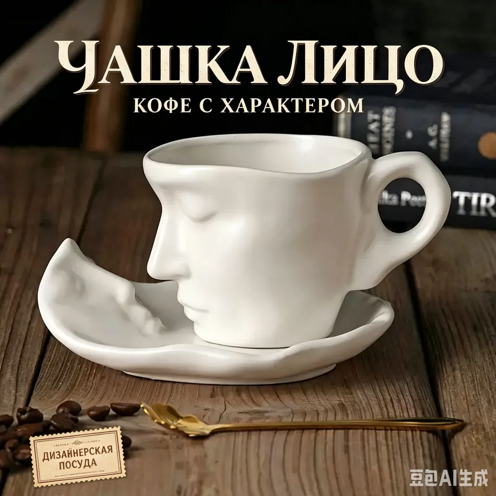 Чашка，Кофейная кружка с блюдцем в виде скульптуры лица, винтажный европейский керамический набор для напитков 1 шт