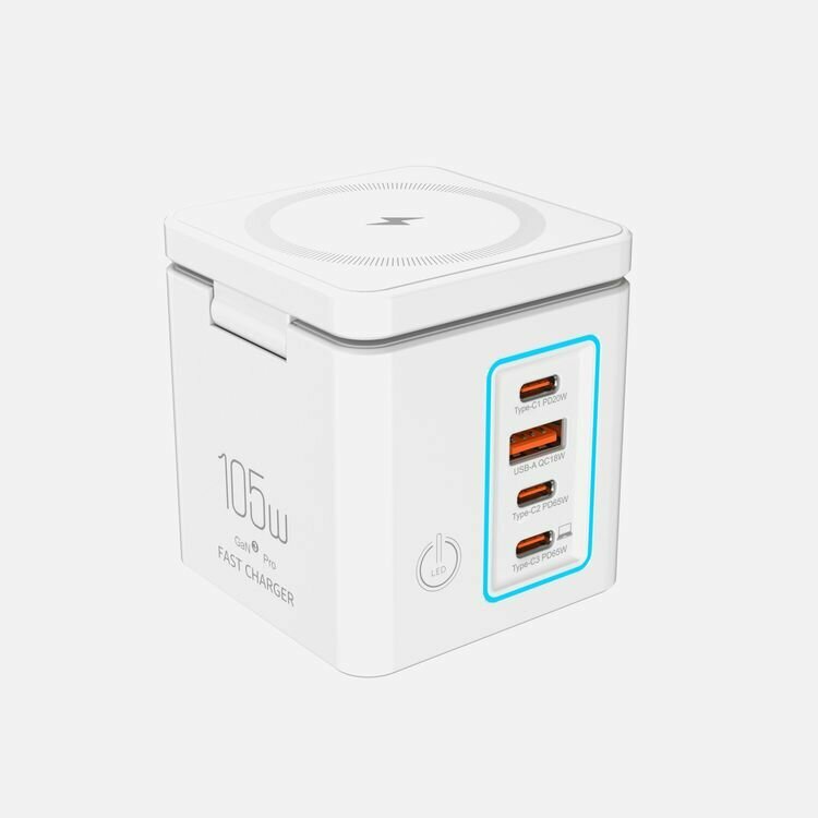Сетевая беспроводная зарядная станция Flyandtrip с 4 портами (1USB и 3type C) белый
