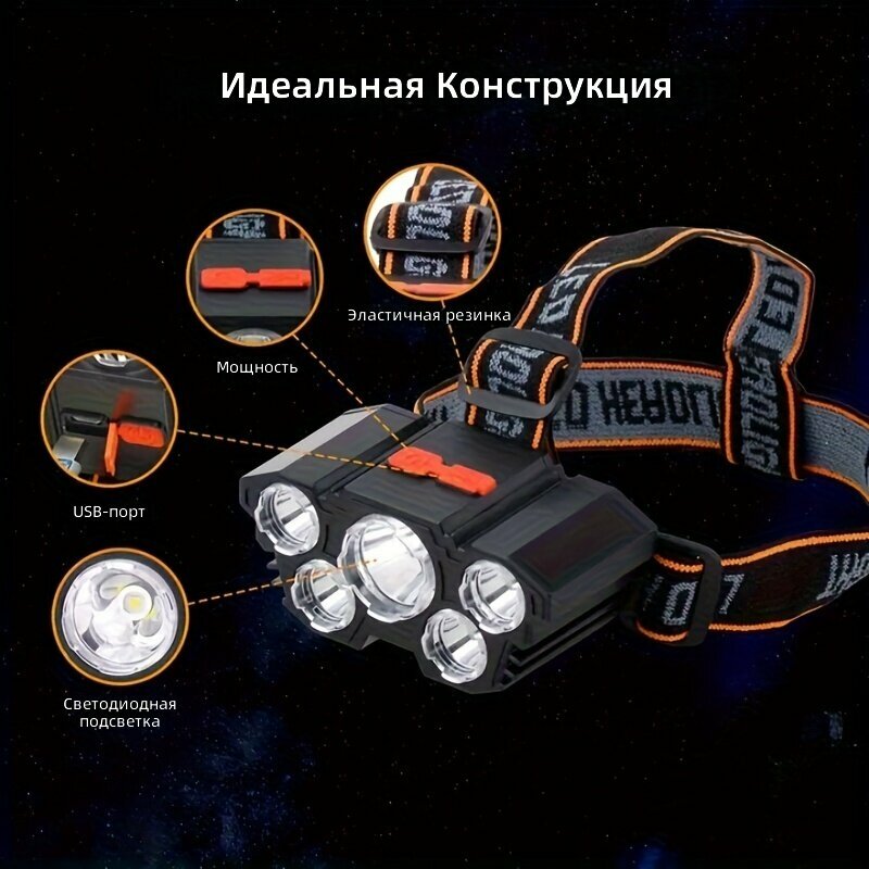 Фонарь налобный перезаряжаемый с 5 светодиодами, USB-питание, IP65, для кемпинга, рыбалки и ремонта, 1 шт.