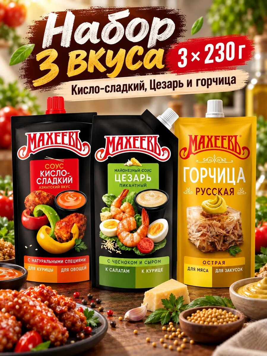 Набор соусов Махеевъ Кисло-сладкий, Цезарь и горчица, 3 вида: кисло-сладкий, Цезарь, горчица, соусы к мясу, шашлыку и салатам в одном заказе