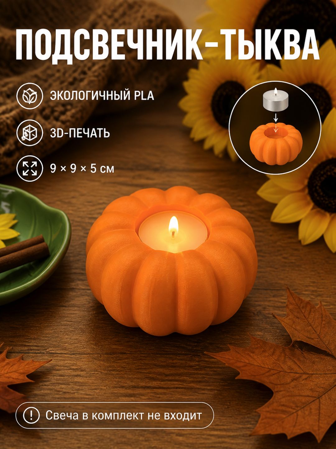 Подсвечник-тыква для чайной свечи, лёгкий матовый декор из экологичного PLA, 3D-печать, для дома, осени и Хэллоуина, 9 9 5 см