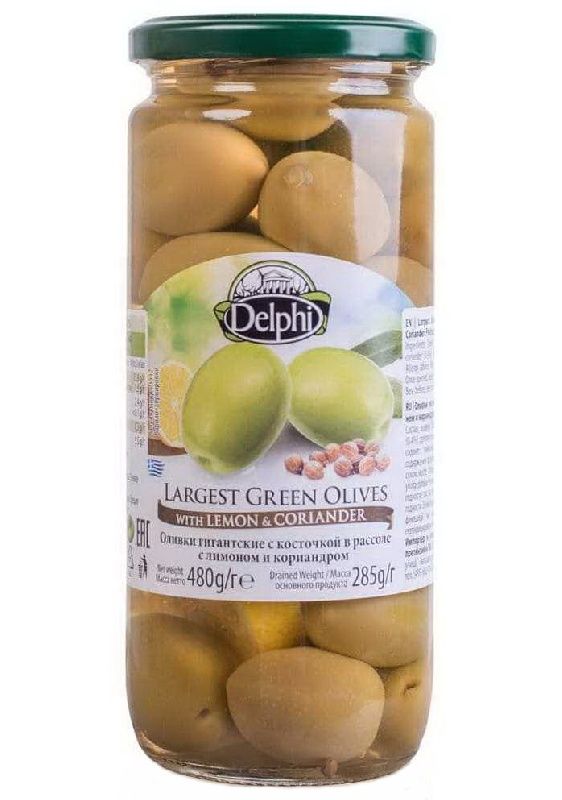 Оливки DELPHI с косточкой маринованные с лимоном и кориандром /стекло/ 480г