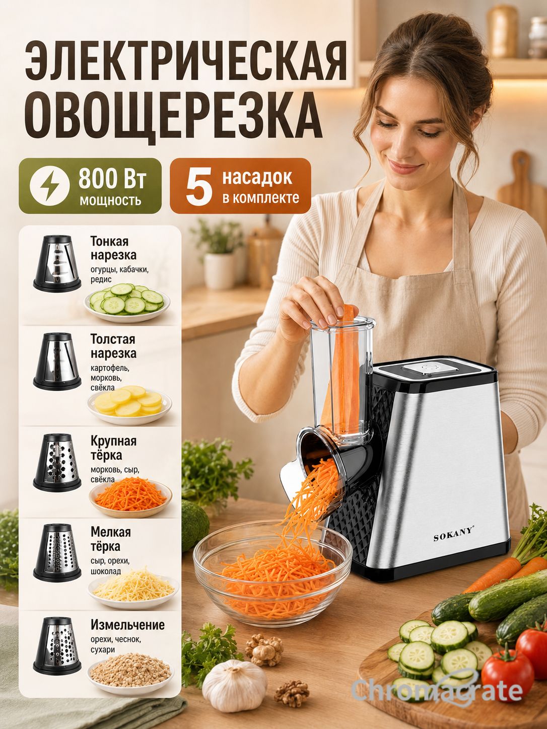 Овощерезка электрическая 5в1, кухонный измельчитель с 5 насадками, Многофункциональные овощные нарезки. электрическая овощерезка