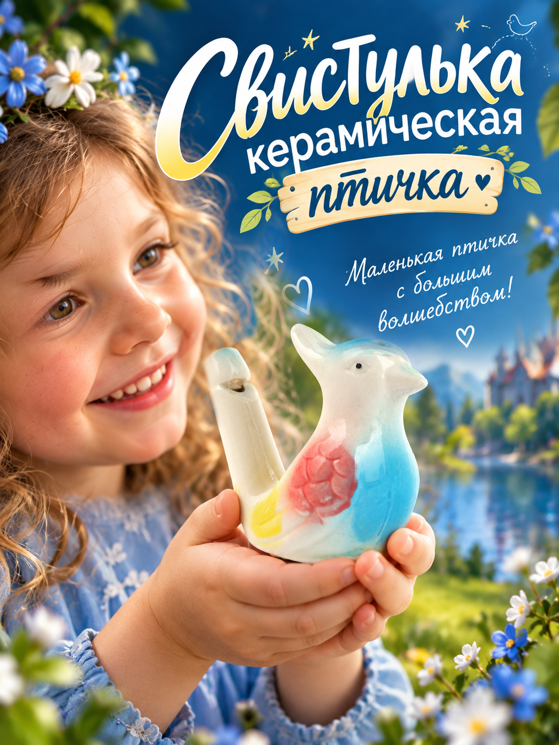 Свистулька водная Птичка, керамика, размер 70х55 мм, разноцветная