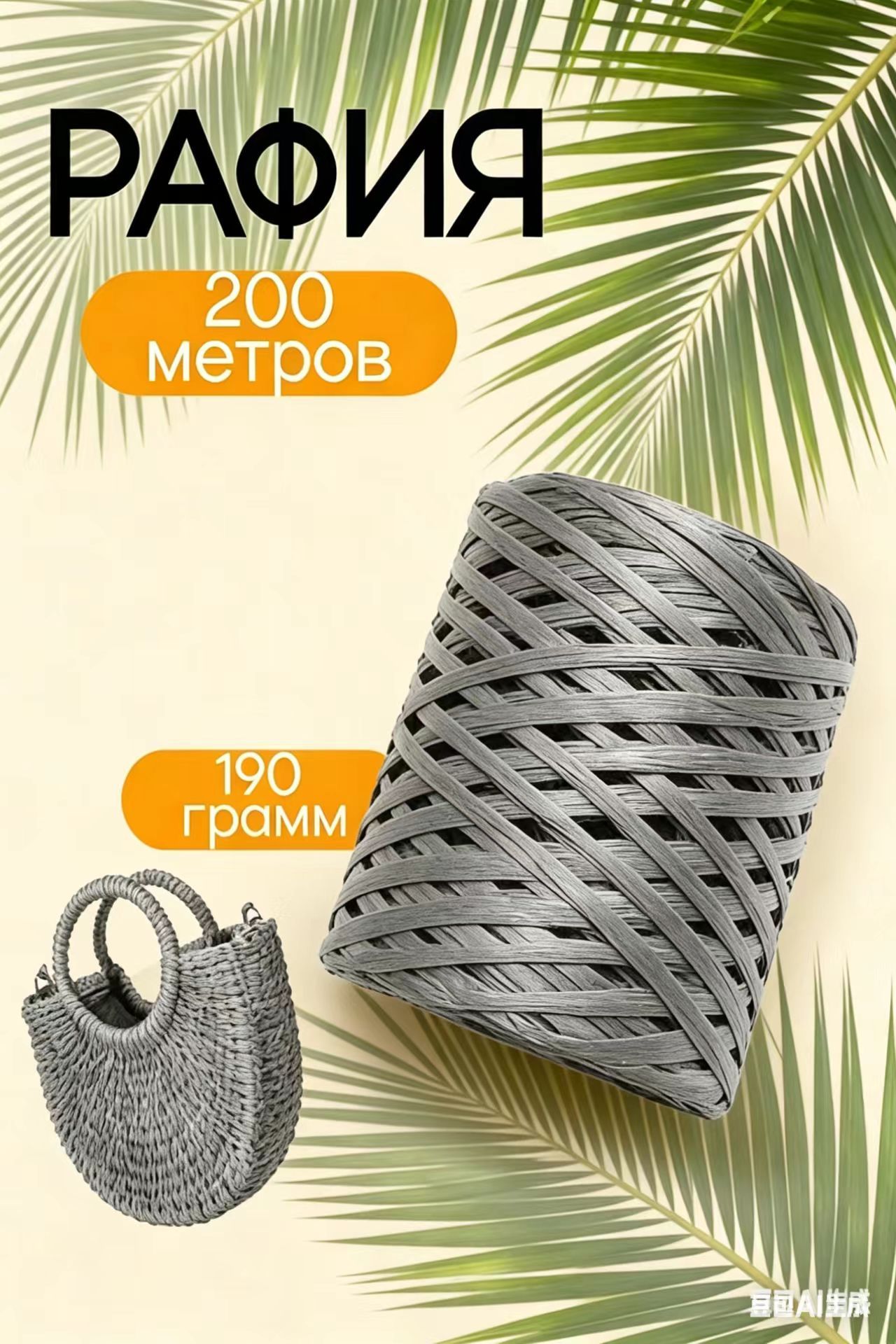 Рафия для вязания сумок, шляп, натуральная, пряжа рафия 220 г