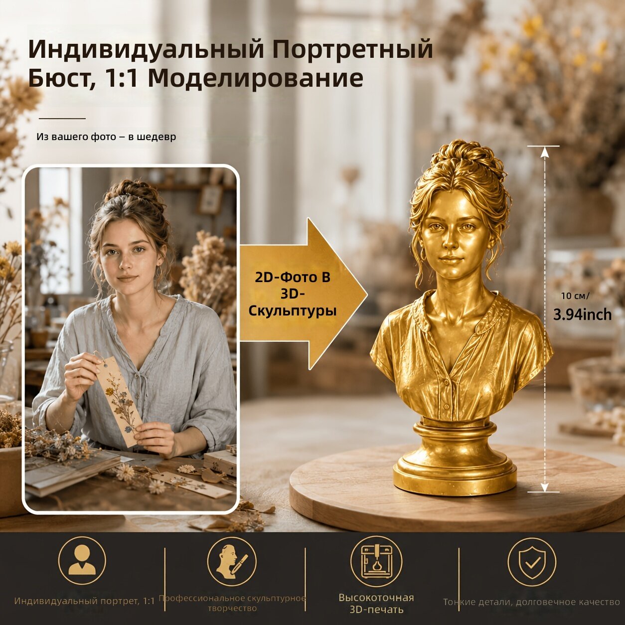 Минималистичные золотые декоративные элементы, стиль: улучшенная скульптура головы, гладкая поверхность под покраску