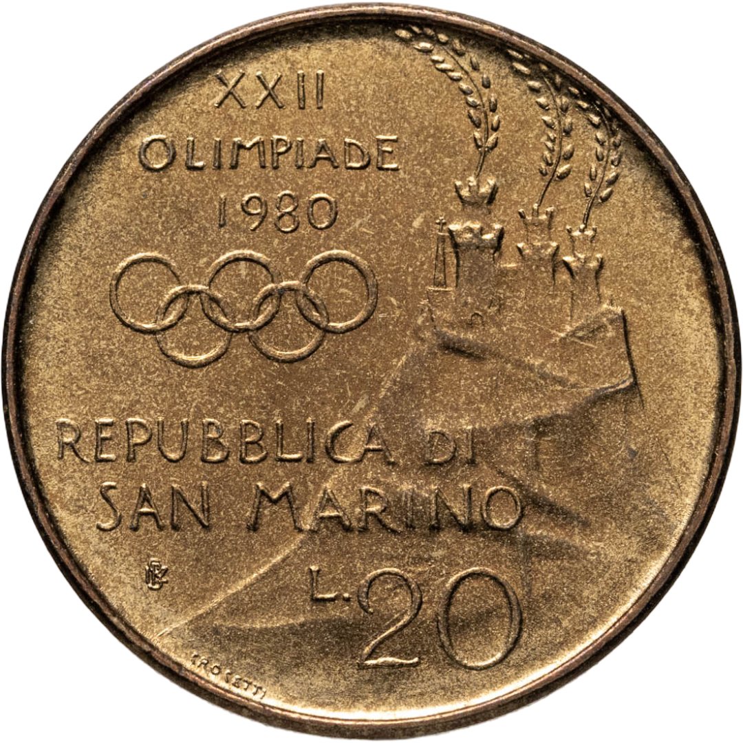 Сан-Марино 20 лир lire 1980 "XXII летние Олимпийские Игры, Москва 1980", Бронза, в сохранности AU-UNC