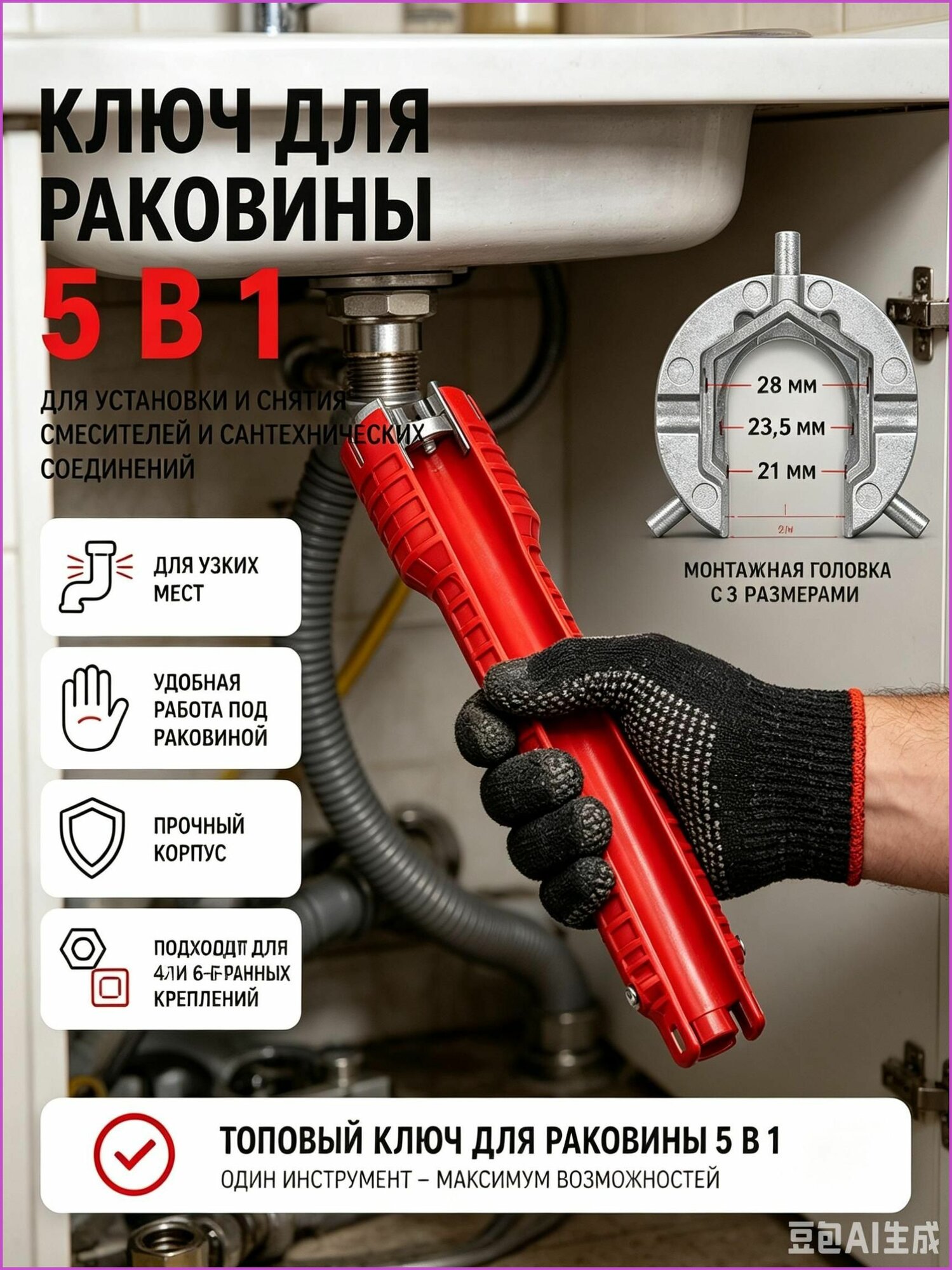 Многофункциональный ключ для раковины 5 в 1, инструмент для установки и снятия смесителя, сантехнических гаек и соединений