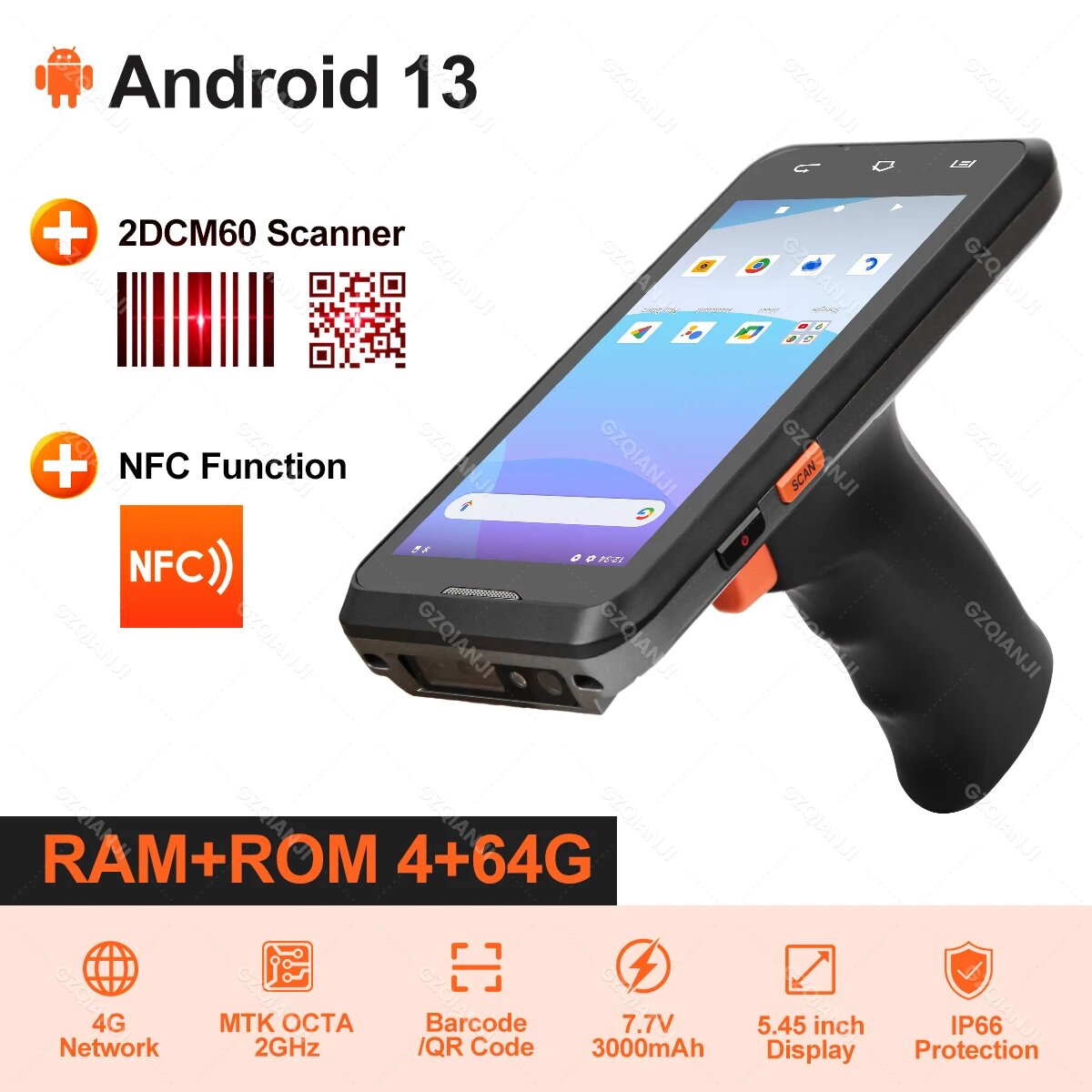 GZQIANJI Портативный терминал сбора данных Android 13 4+64 ГБ 2D CM60 Scanner NFC, EU