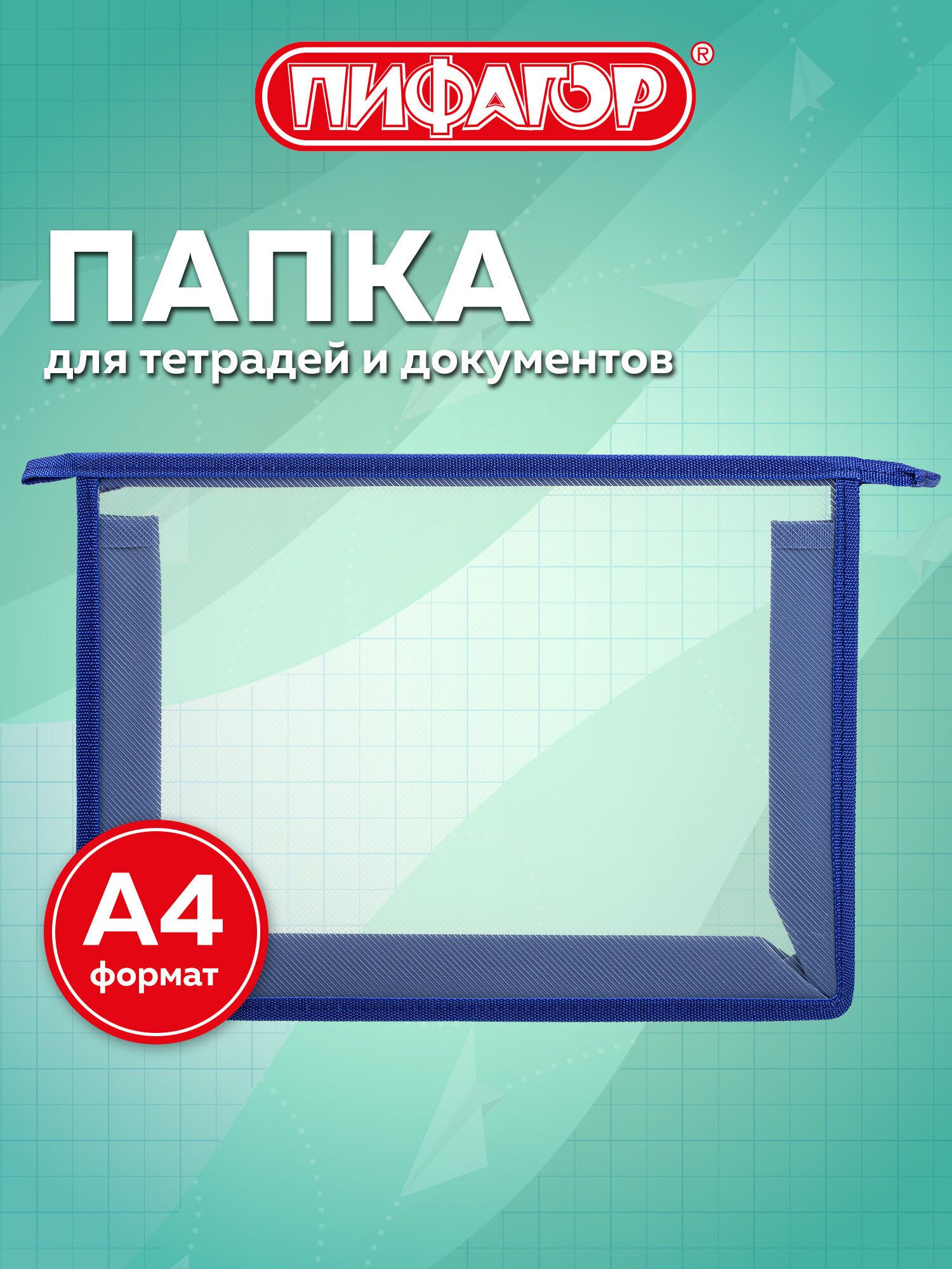 Папка для тетрадей, труда, рисования и изо А4 для девочек и мальчика на молнии прозрачная синяя, канцелярия для школы, 1 отделение пластик, Пифагор