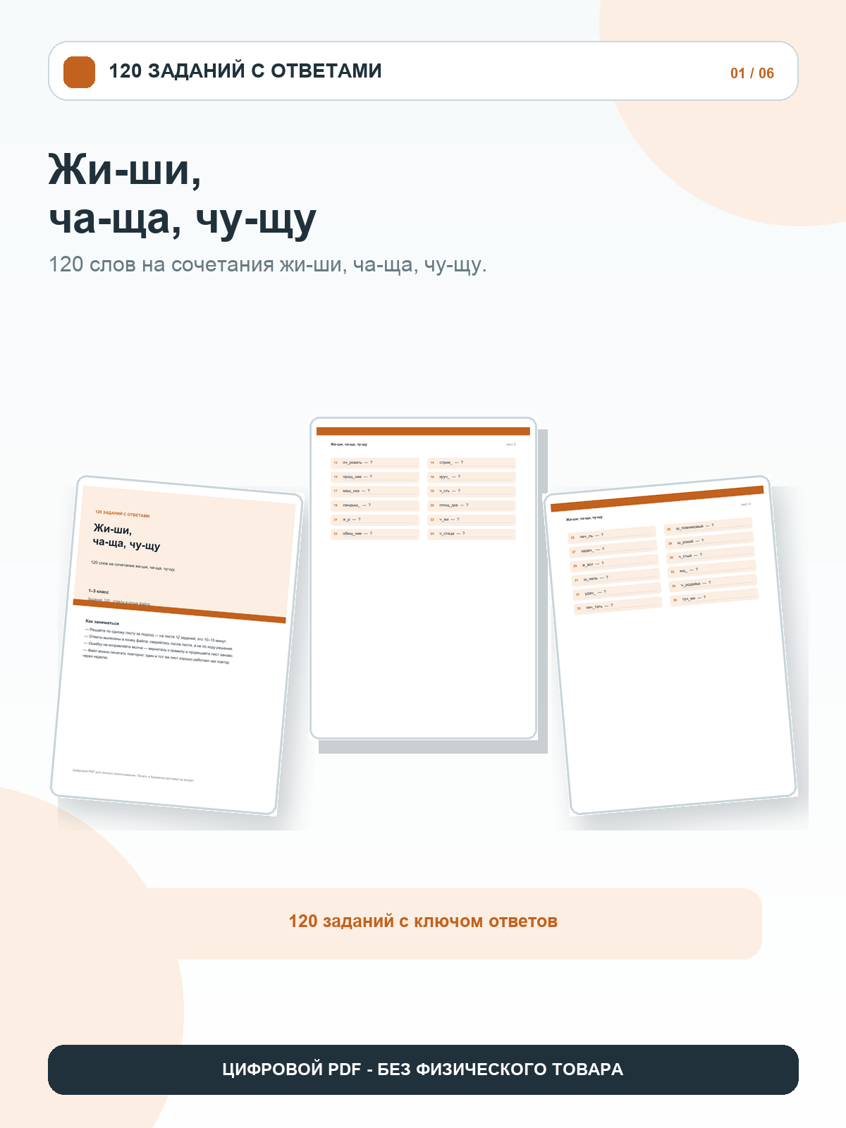 Жи-ши, ча-ща, чу-щу: 120 заданий с ответами, 1–3 класс, цифровой PDF A4