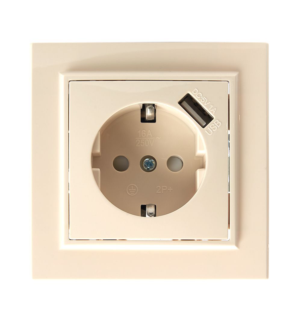Розетка одноместная с заземлением с защитной шторкой и с USB, серия Эрна, PST16-9011-02, слоновая кость STEKKER 39237