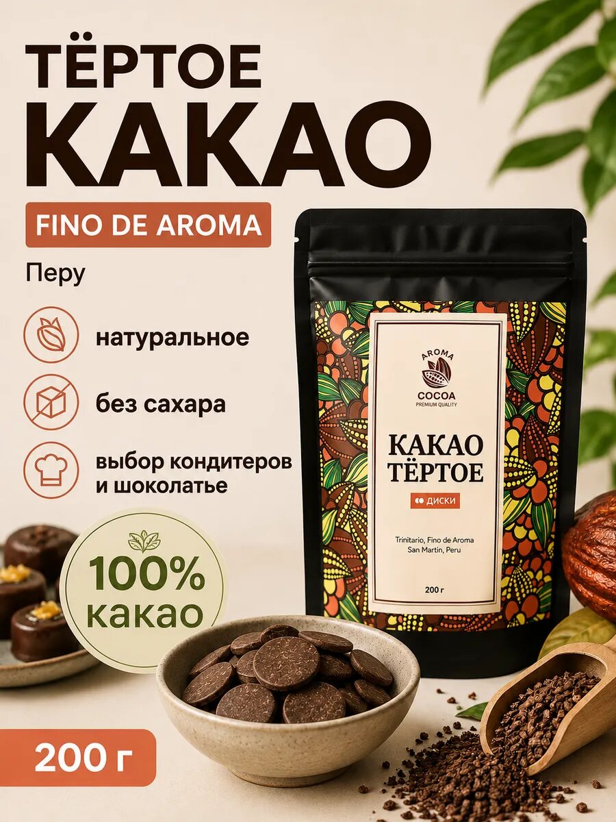 Какао тертое натуральное, fino de aroma, в дисках, Aroma Cocoa, 200 г