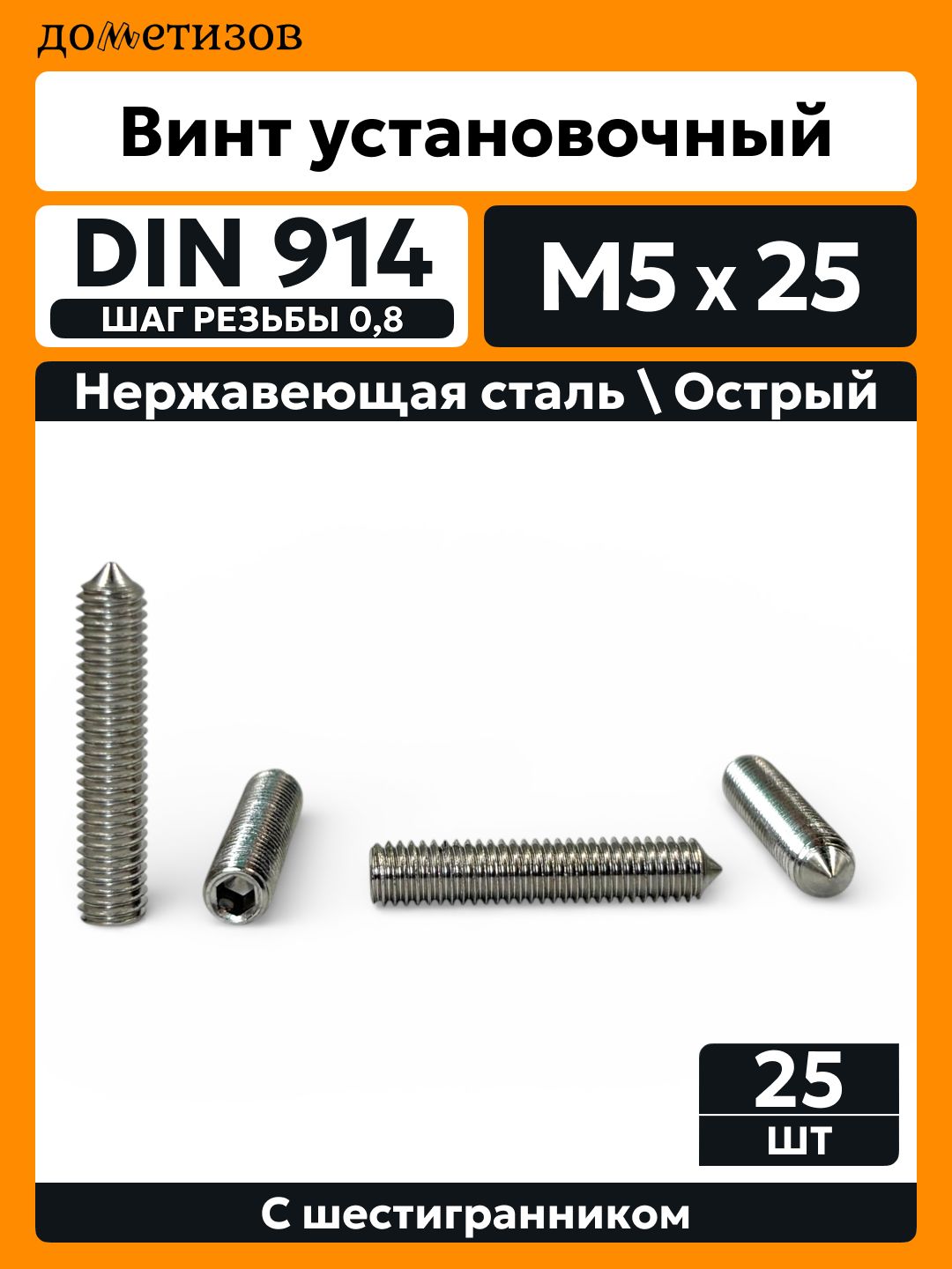 Винт DIN 914 М 5х25 А2 , установочный , 25 шт.