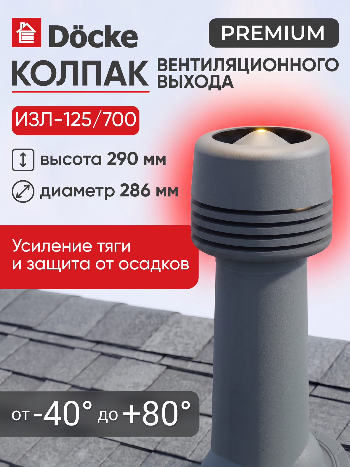 Колпак вентиляционный Docke PREMIUM 125/700 мм, Серый (RR23)