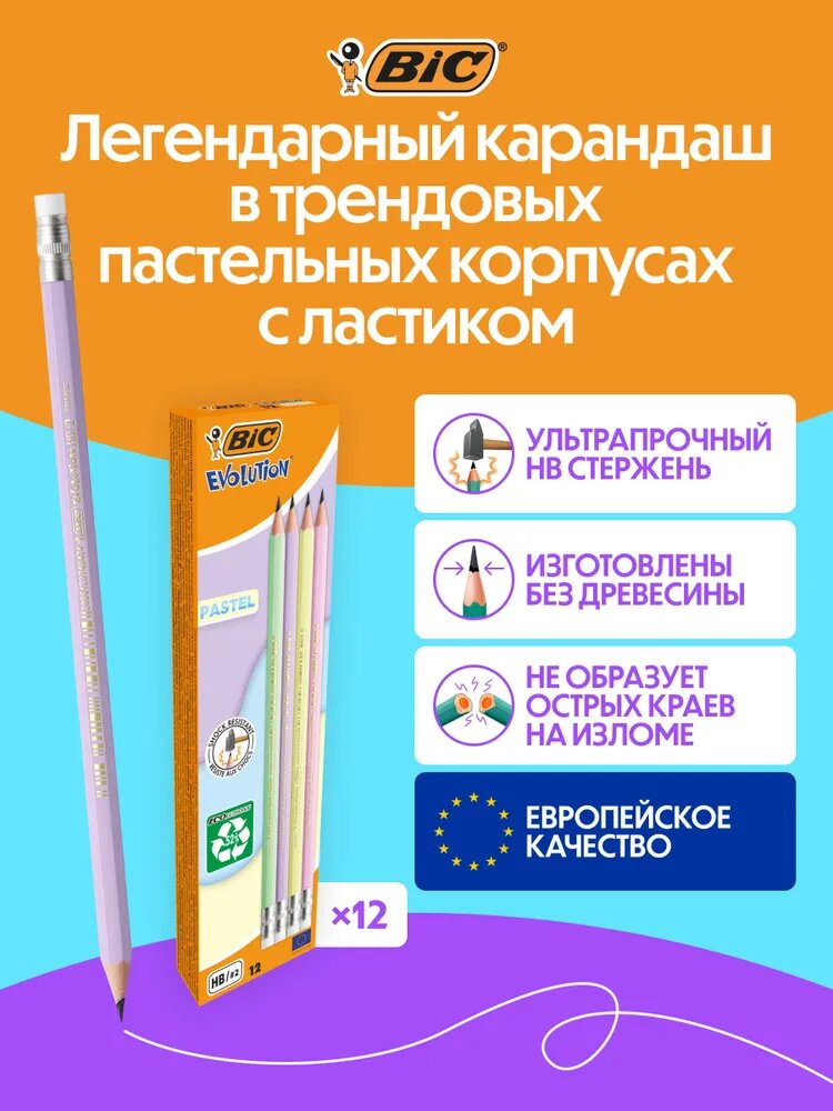 Набор карандашей 12 шт BIC Evolution Pastel, HB (Твердо-мягкий), с ультрапрочным грифелем, 4 разных пастельных цвета, с ластиком